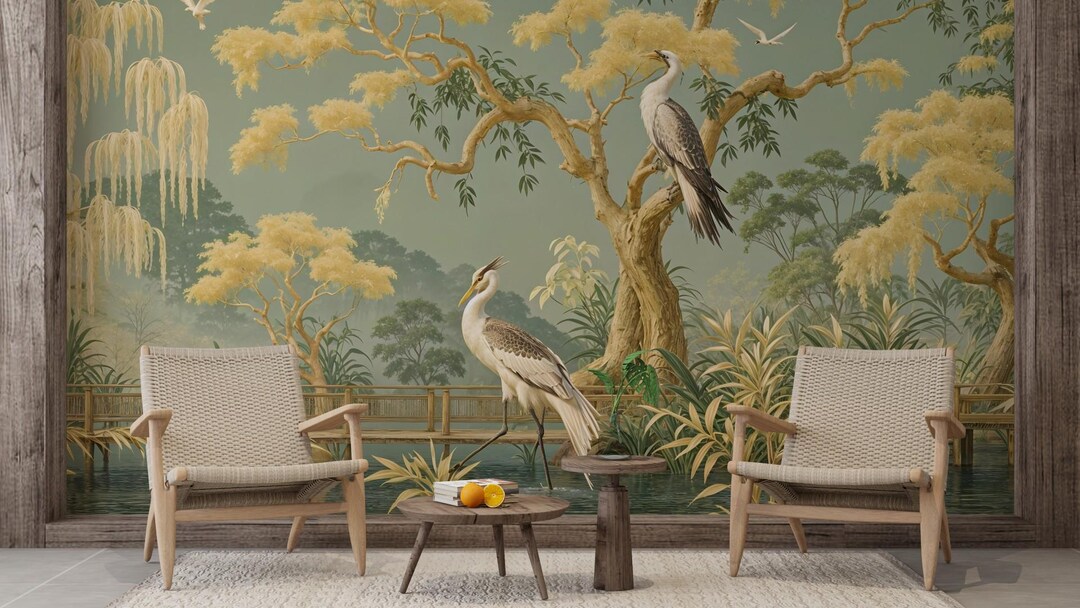 Elegant Crane Bird & Tree Wallpaper – Tropical Forest Art – Vintage ...