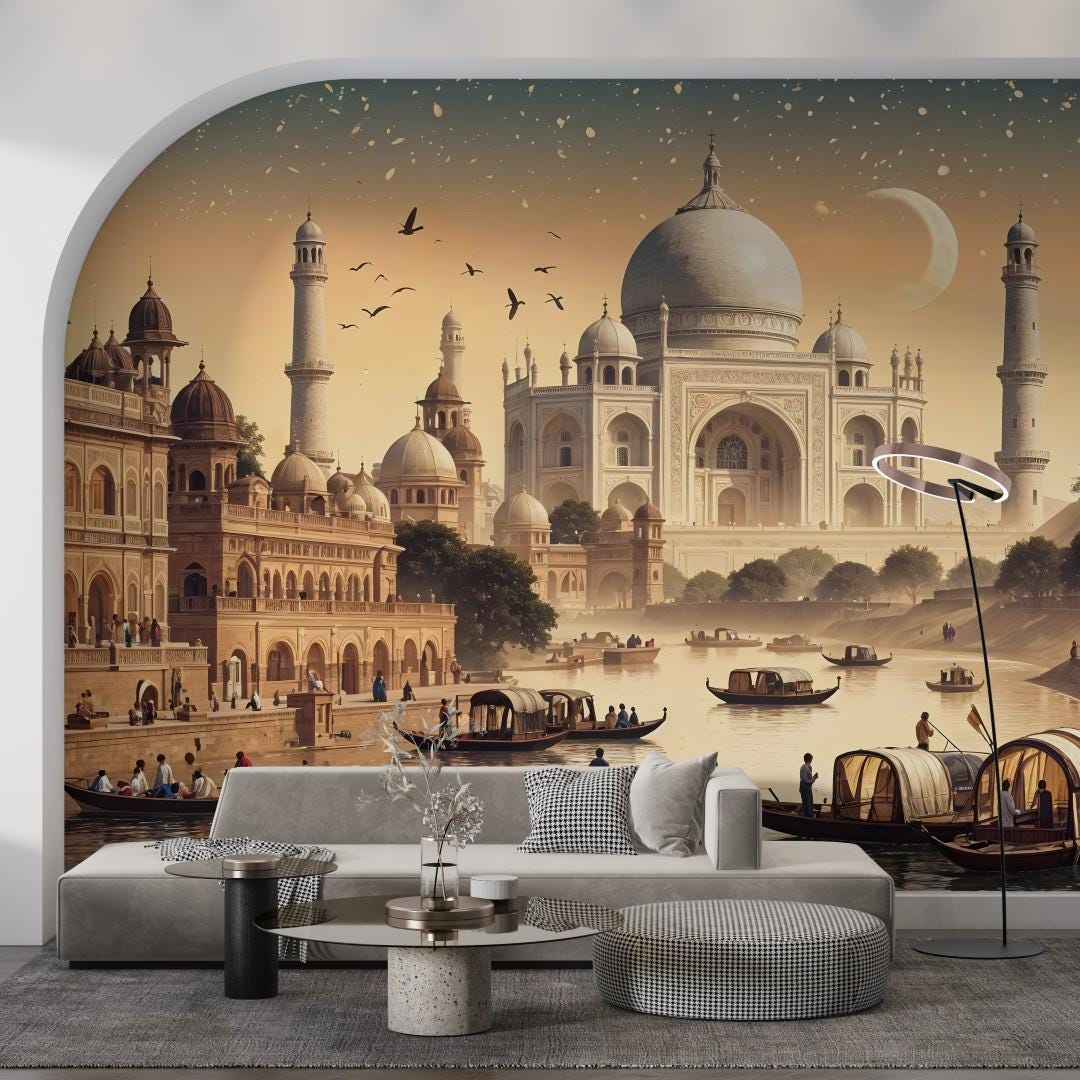 Taj Mahal and Ganges River Indian Temple Garden Wallpaper, Beige ...