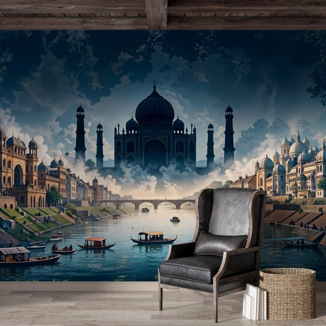 Taj Mahal Mural Ganges River Indian Wallpaper, Blue Cultural Decorative ...