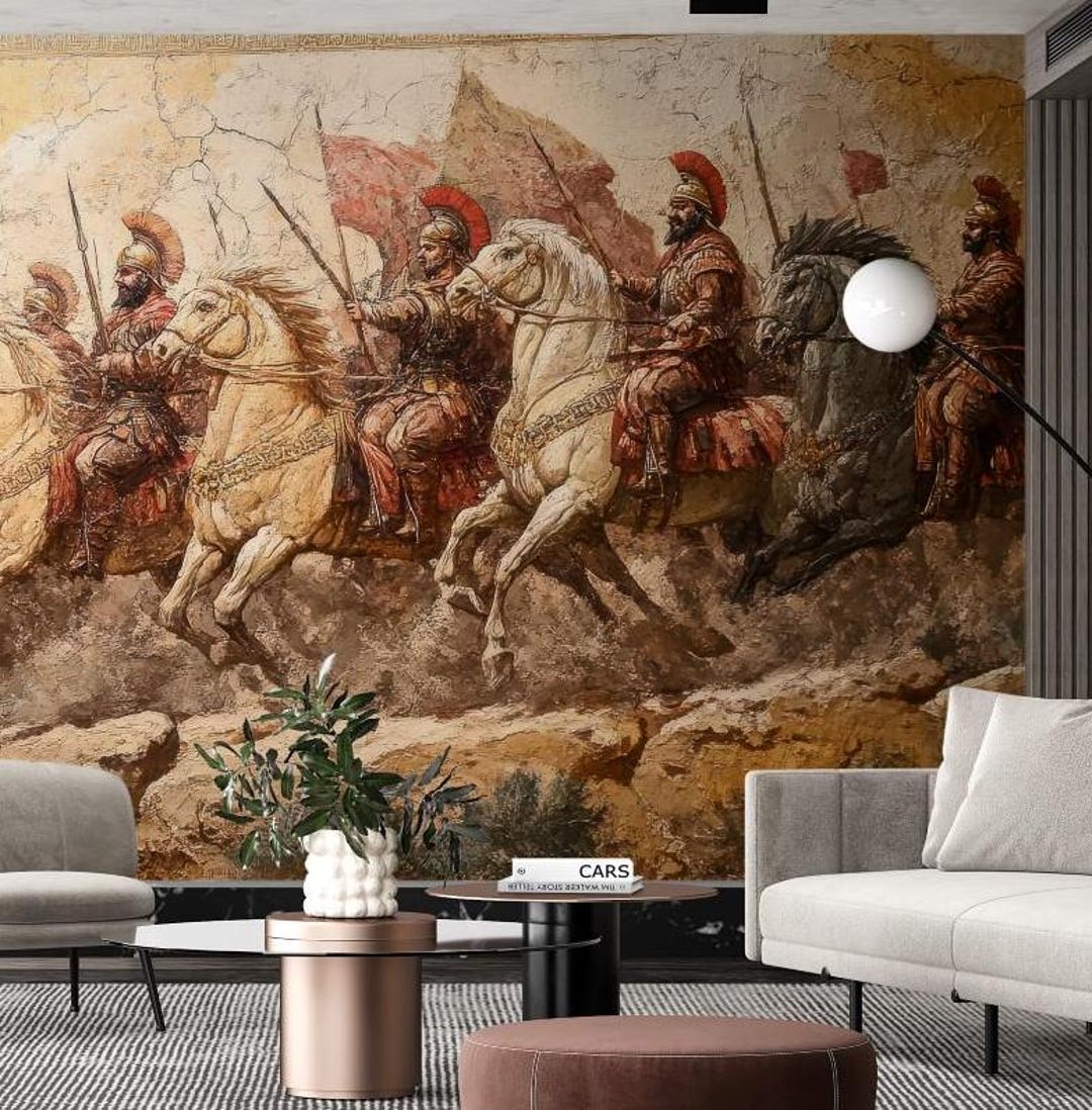 Oil Painting Mural, Rome Legion Soldier and Horse Concrete Textured ...