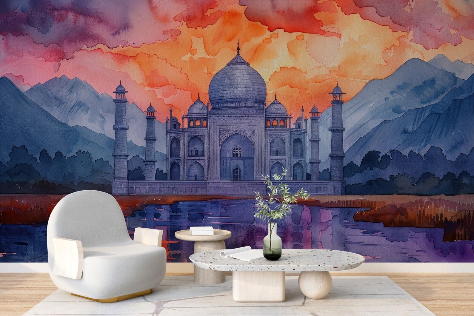 Taj Mahal Indian Wallpaper, Orange Blue Watercolour Wallpaper ...