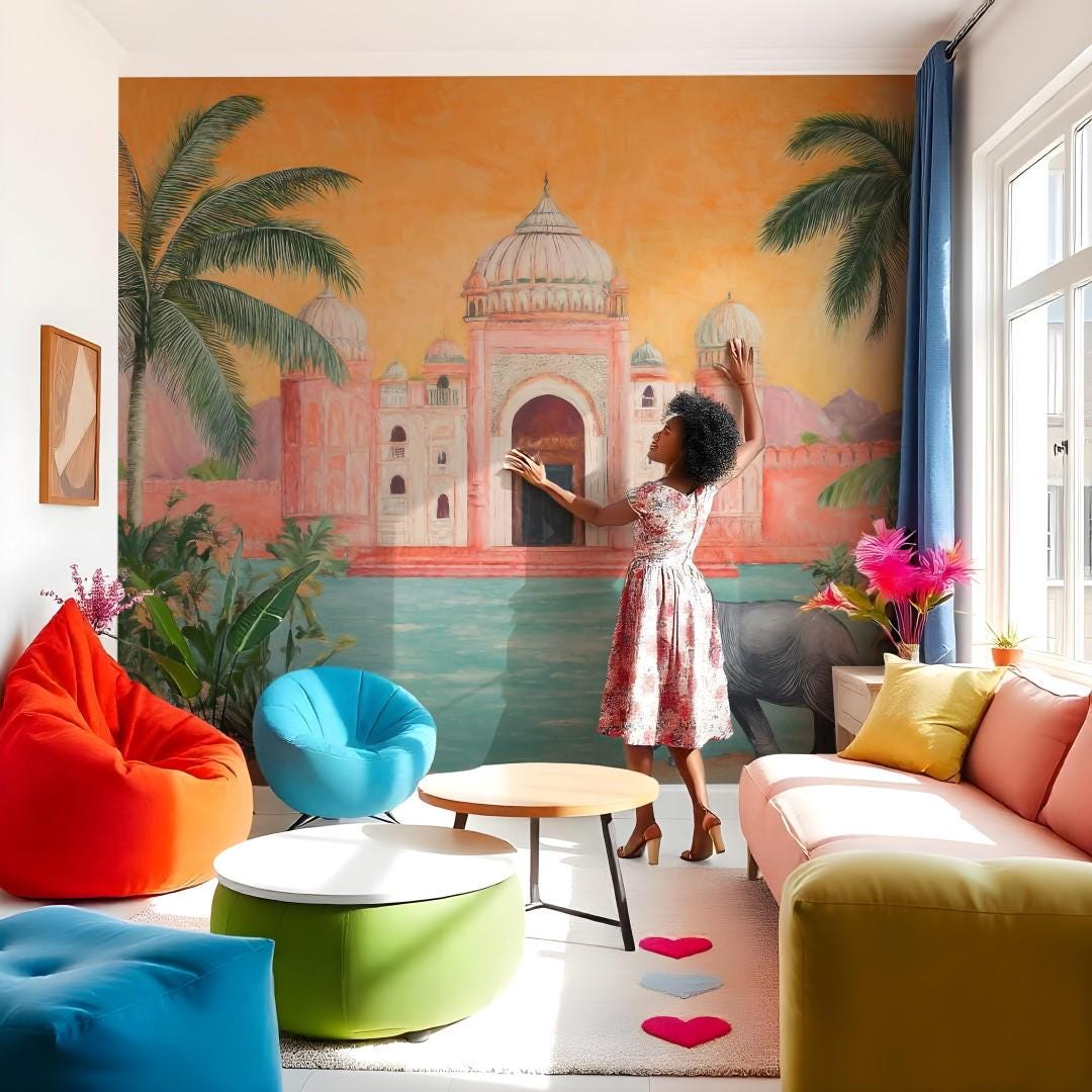 Orange Indian Taj Mahal and Jaipur Painting Wallpaper, Taj Mahal ...