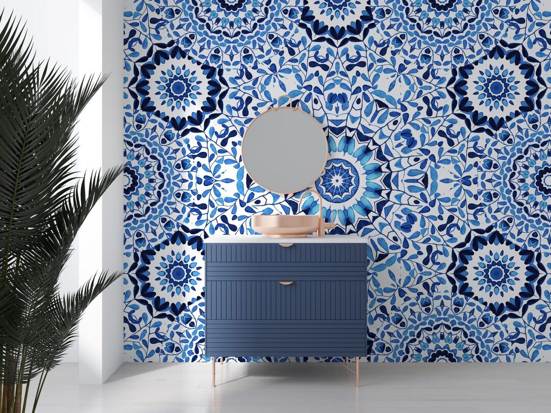 Blue Tile Wallpaper, Turkish Tile Wallpaper, Decorative Wallpaper, Chic ...