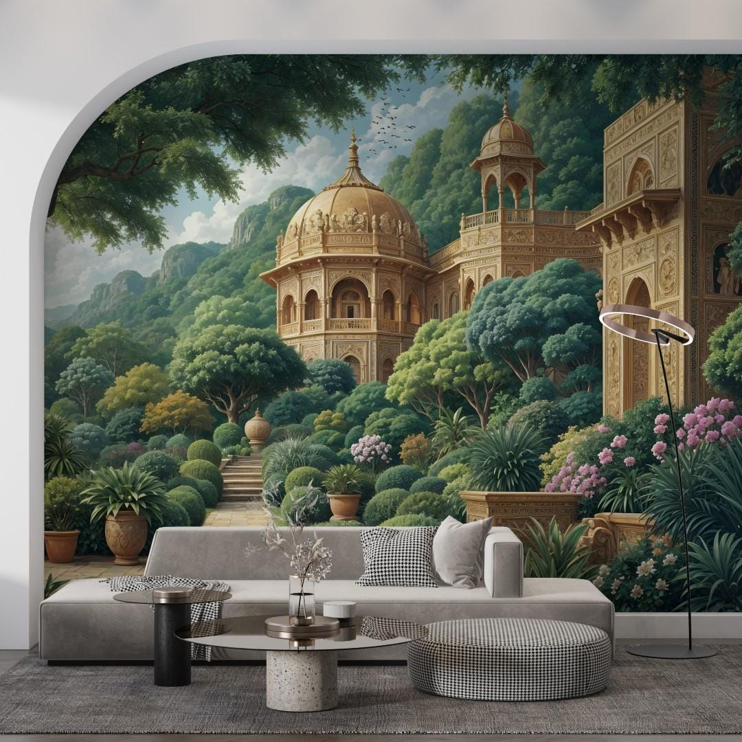 Jaipur Lush Indian Temple Garden Wallpaper, Temple Tree and Floral ...