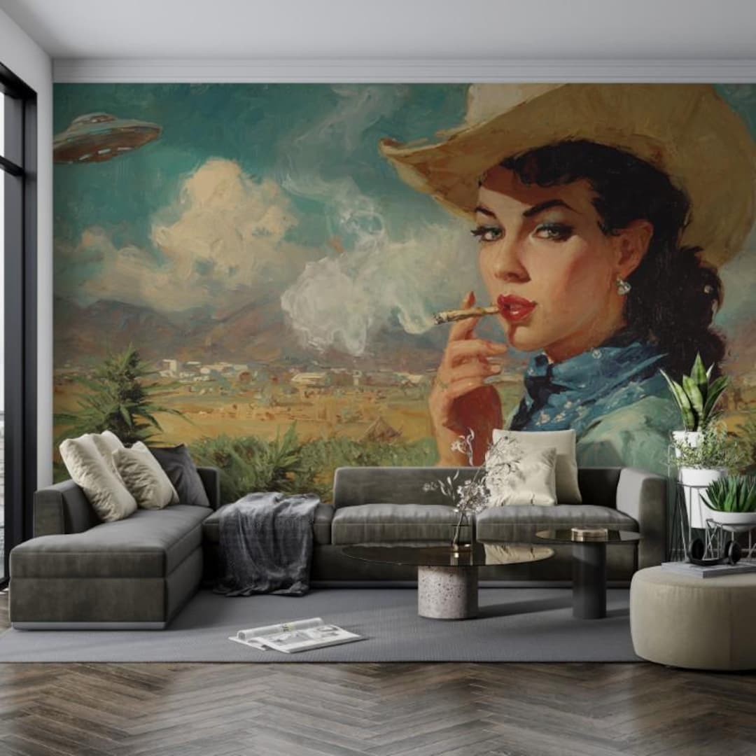 Pin up Cowgirl Wallpaper Cannabis UFO Non Woven Peel and Stick - Etsy