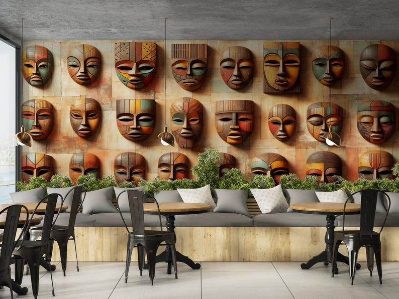 Tribal African Mask Wallpaper - Peel and Stick or Non Woven Mural - Etsy