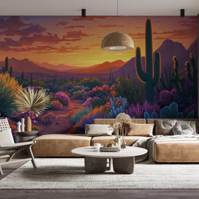 Desert Sunset Cactus Mural: Southwestern Peel and Stick Pastel ...