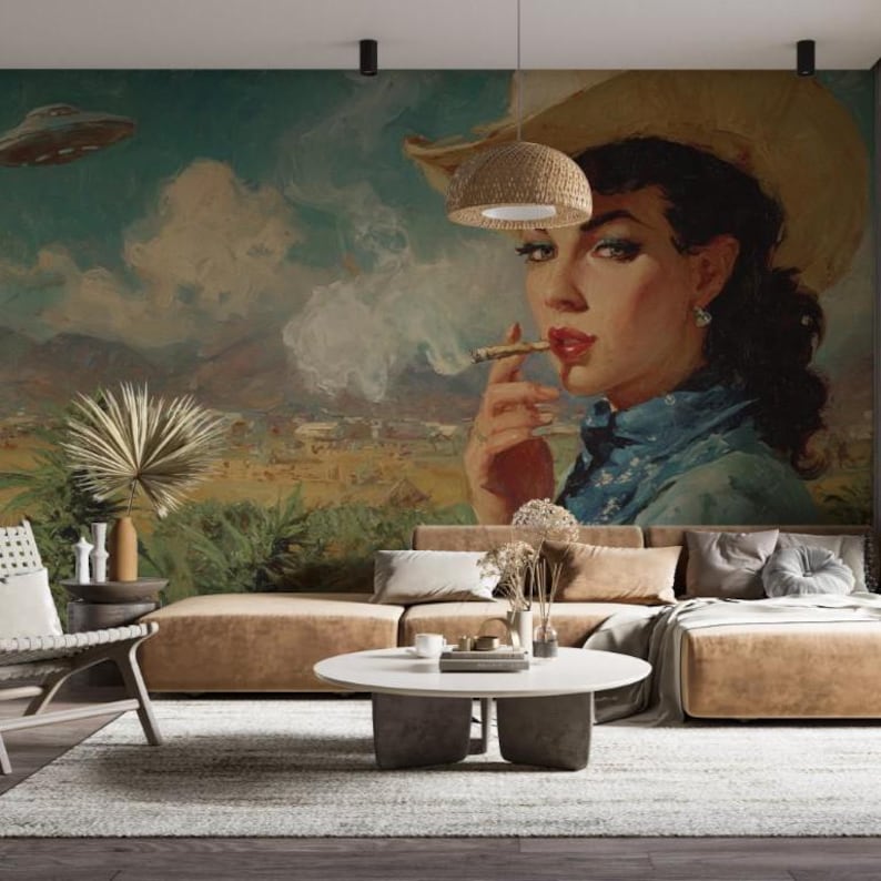 Pin up Cowgirl Wallpaper Cannabis UFO Non Woven Peel and Stick - Etsy
