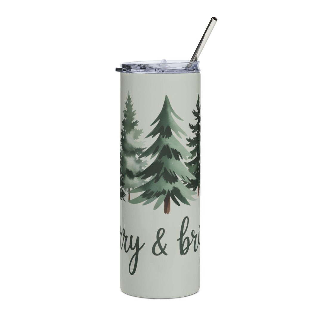 Merry and Bright With Pine Trees Tumbler - Etsy