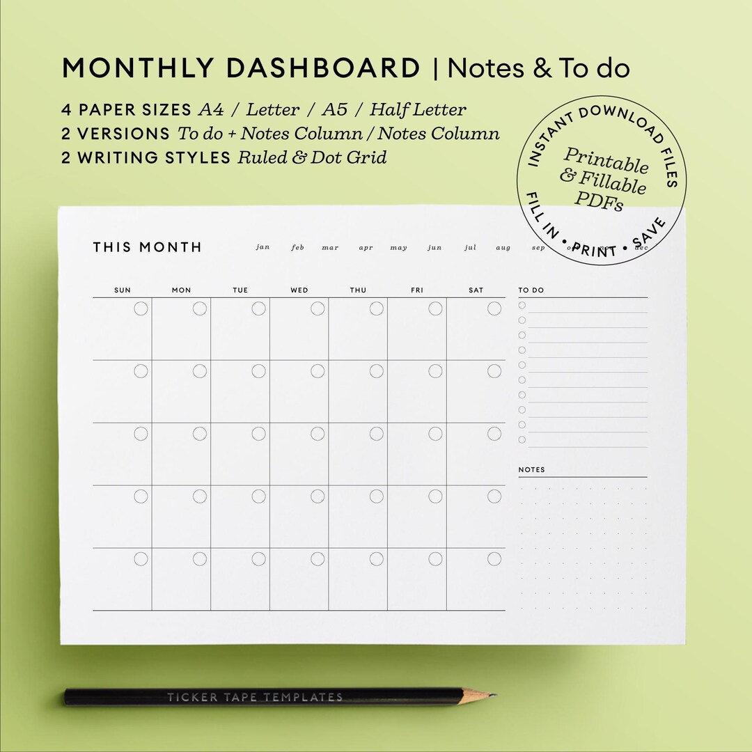 Monthly Dashboard, Landscape, Printable, Fillable, to Do List, Instant ...