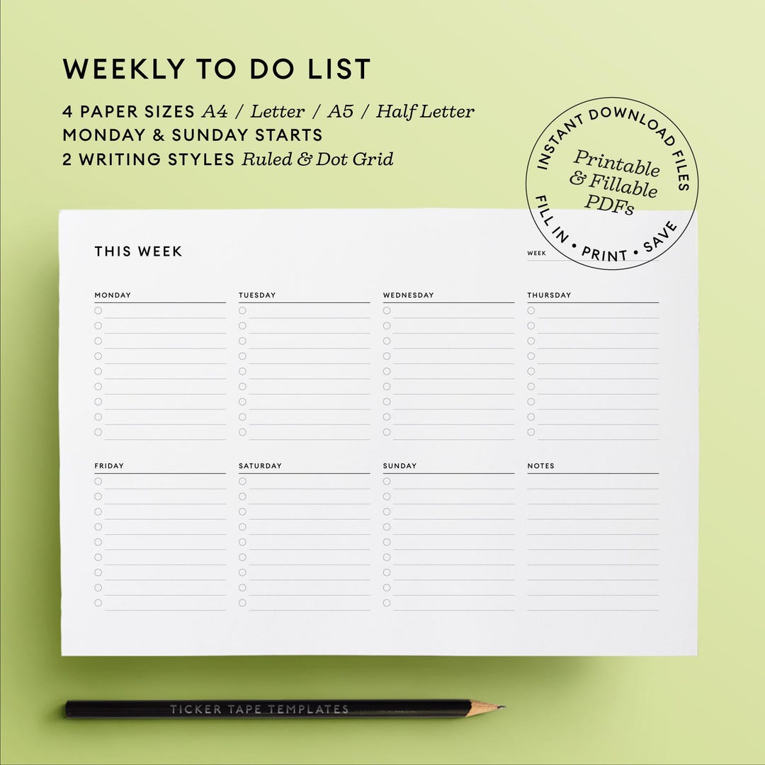 Weekly to Do List, Landscape, Printable, Fillable, to Do List, Instant ...
