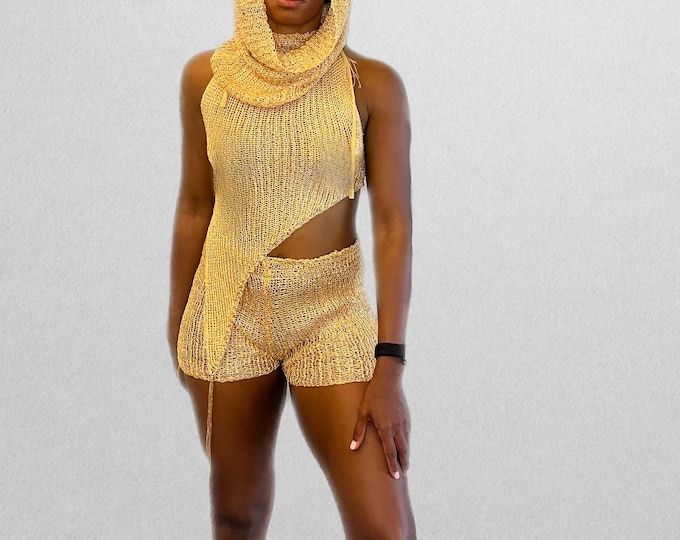 Crochet Dune Rave Outfit With Crop Top, Shorts and Hood/ Festival ...