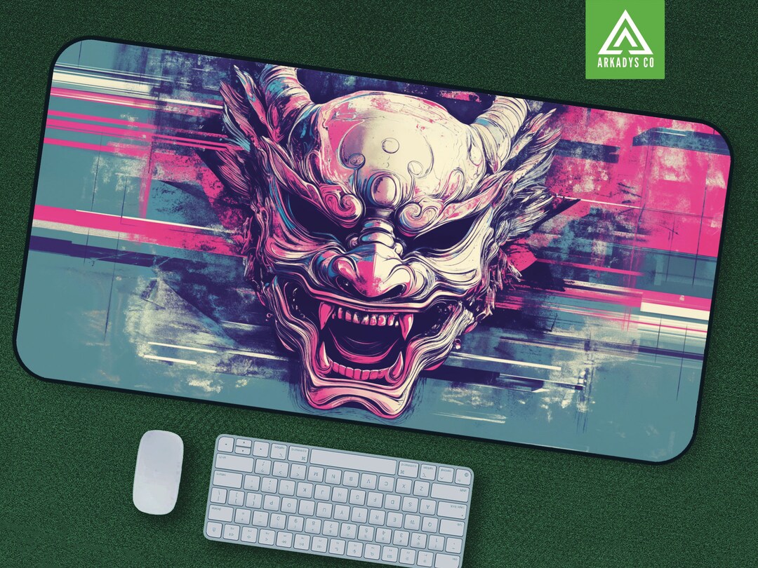 Japanese Oni Mask Mouse Pad - Traditional Demon Mask Desk Mat - Bold ...