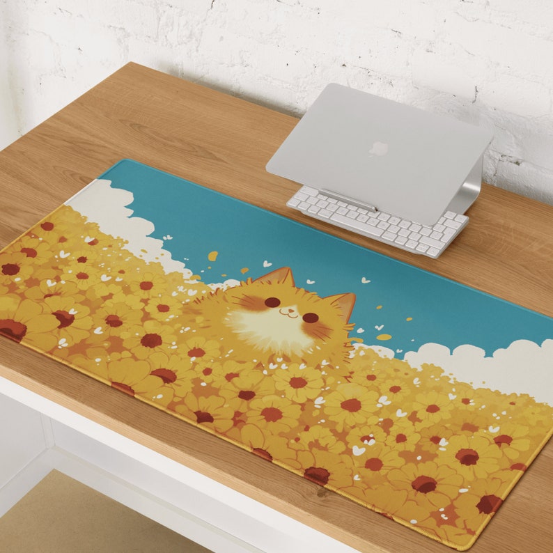 Kawaii Cat Mouse Pad – Yellow Flower Desk Mat for Gaming - Etsy
