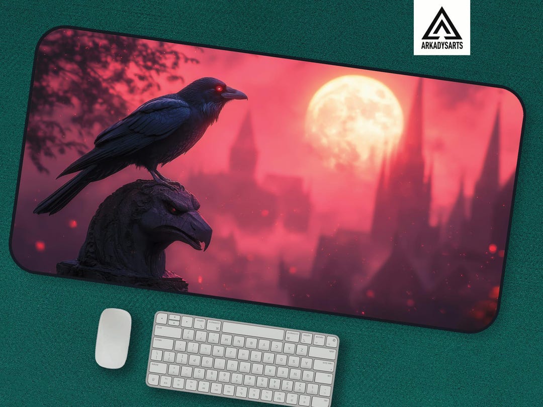 Gothic Raven Desk Mat - Mysterious Crow & Full Moon - Dark Fantasy ...