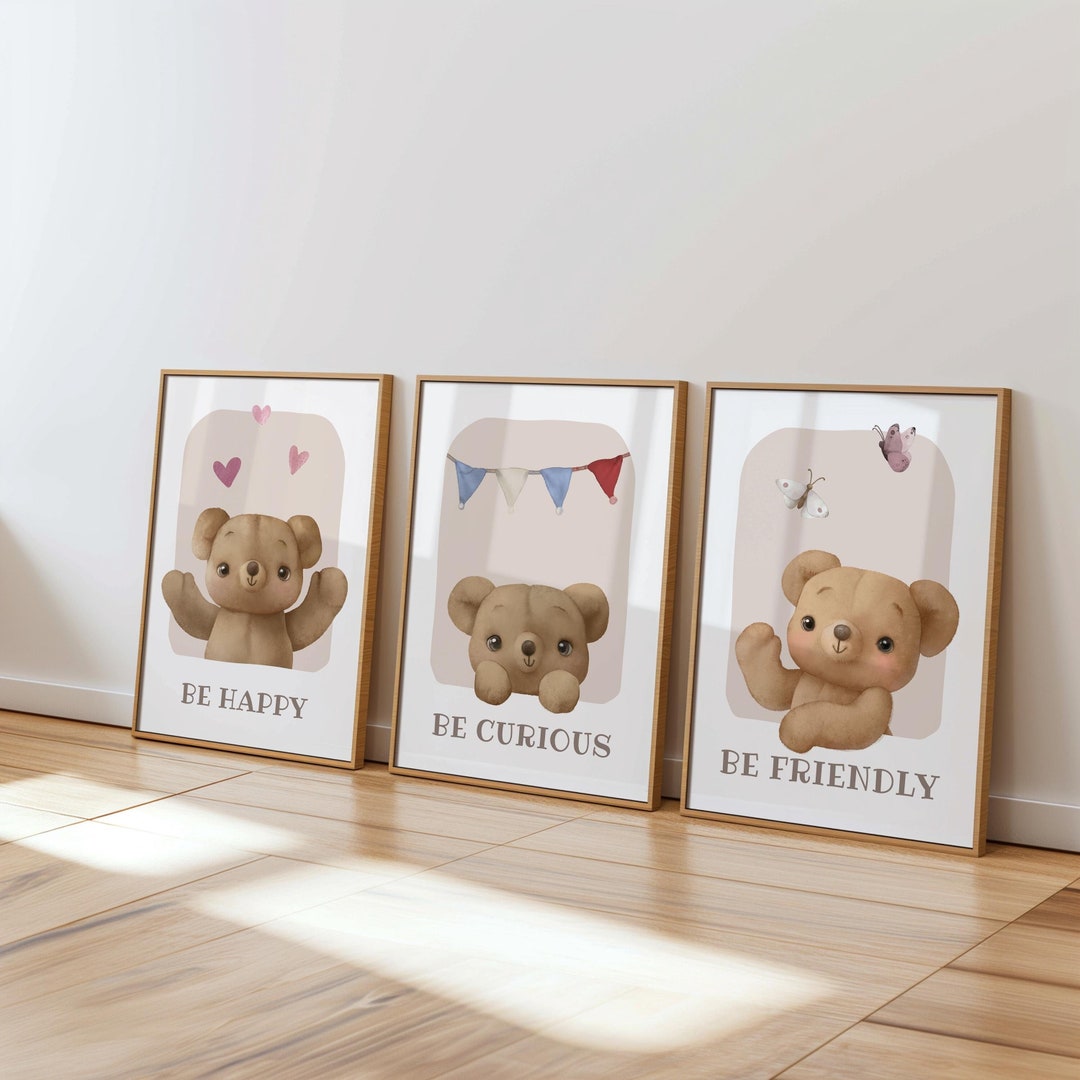 Set of 3 Teddy Bear Nursery Poster, Neutral Girl Nursery Wall Art, Bear ...