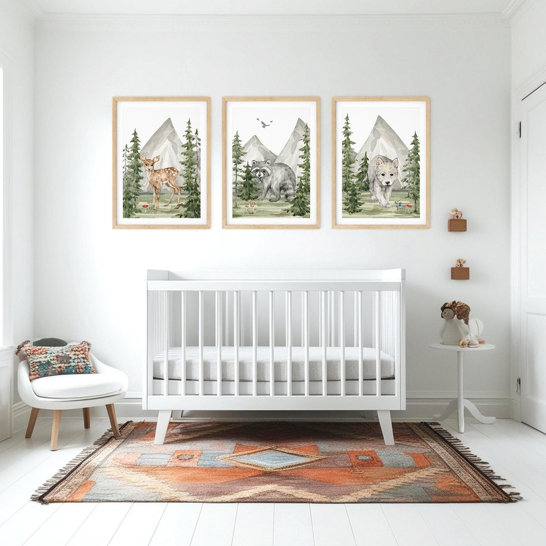 Nursery Decor Woodland Poster, Animal Wall Art, Mountain Nature Print ...