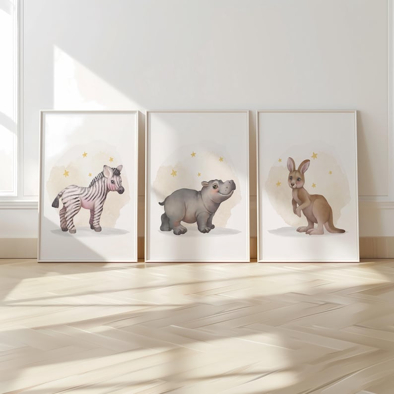 Set of 3 Safari Animals Nursery Poster, Children Wall Decor, Boho Beige ...
