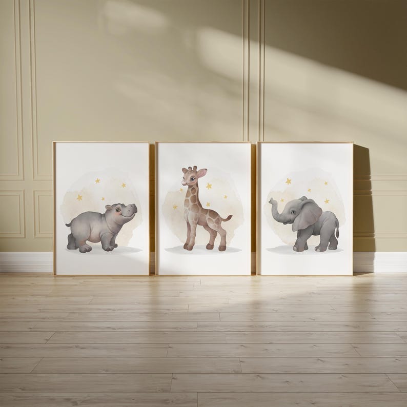 Set of 3 Safari Animals Nursery Poster, Children Wall Decor, Boho Beige ...
