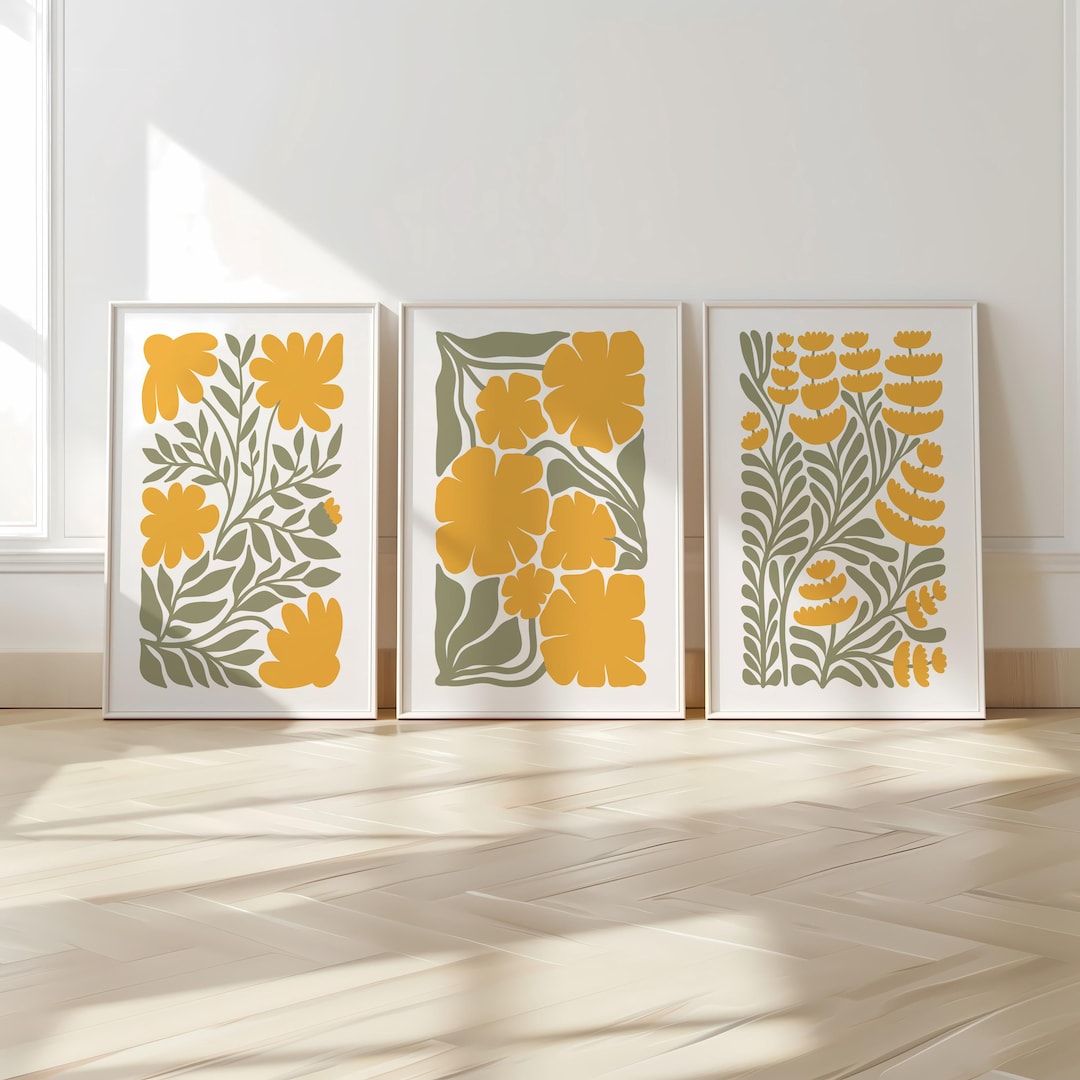 Modern Floral Poster Set of 3 – Yellow Botanical Prints, Minimalist ...