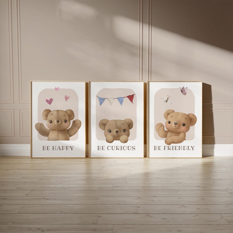 Set of 3 Teddy Bear Nursery Poster, Neutral Girl Nursery Wall Art, Bear ...