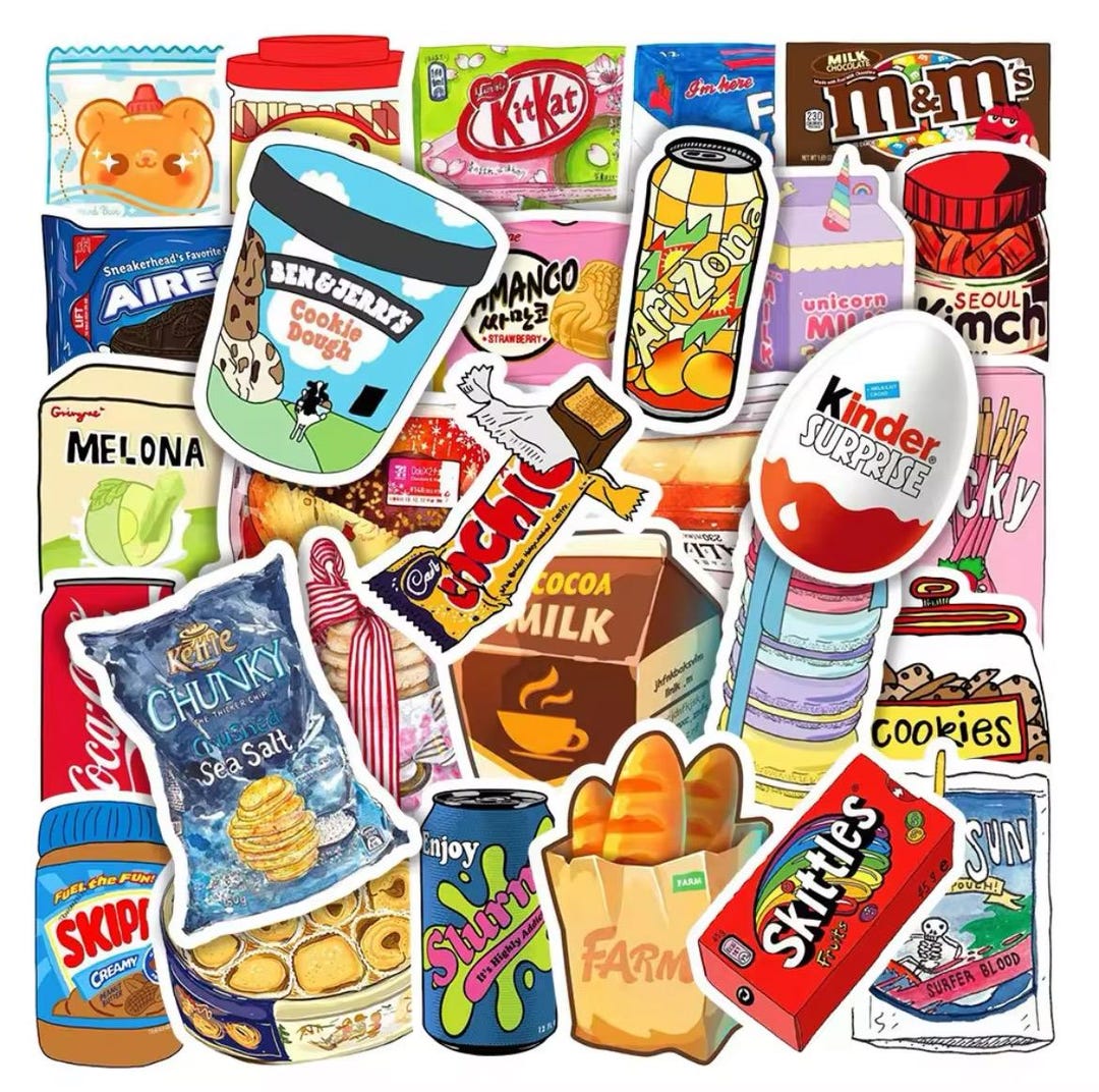 50 Aesthetic Real Food Sticker Pack ,snack Food Stickers,water Bottle ...