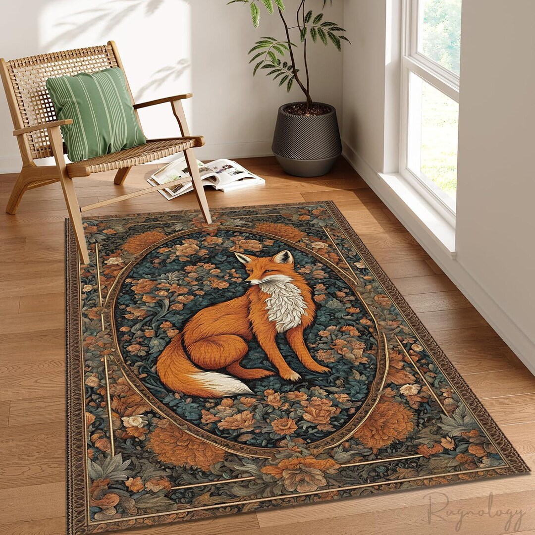 Fox Rug, Wild Animal Print Carpet, Floral Mat, Flowers Themed Area Rug ...