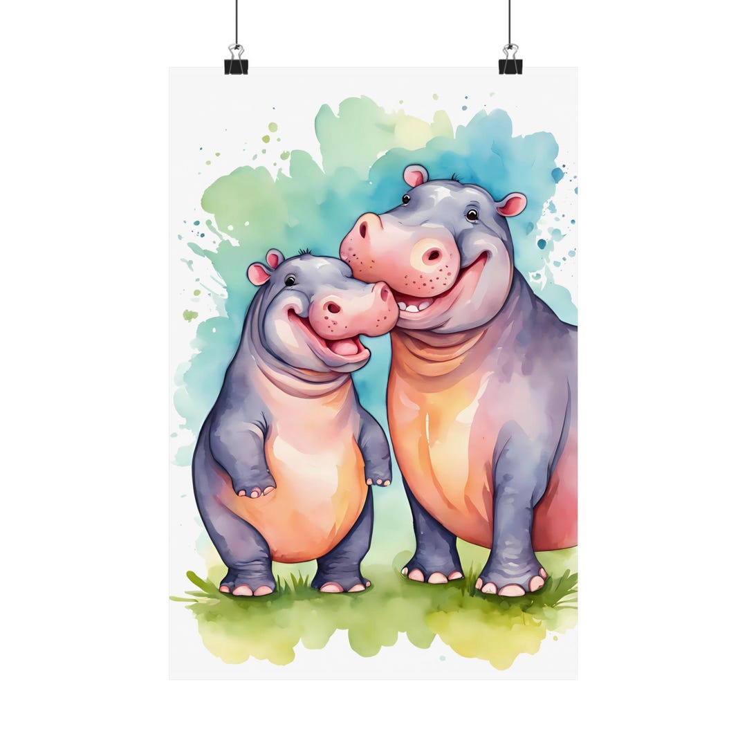 Hippo Family Bliss Matte Vertical Poster Playful Hippo Art Print Moo ...