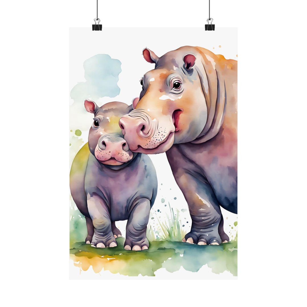 Hippo Family Bliss Matte Vertical Poster Playful Hippo Art Print Moo ...