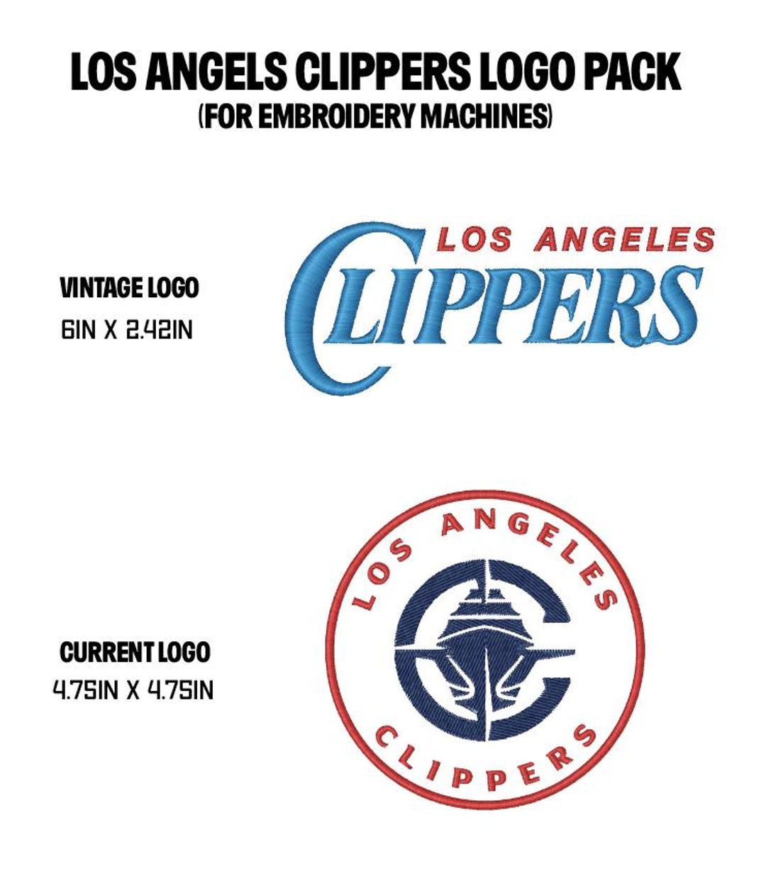 Los Angeles Clippers Embroidery File Pack Current + Vintage Logos (.DST ...