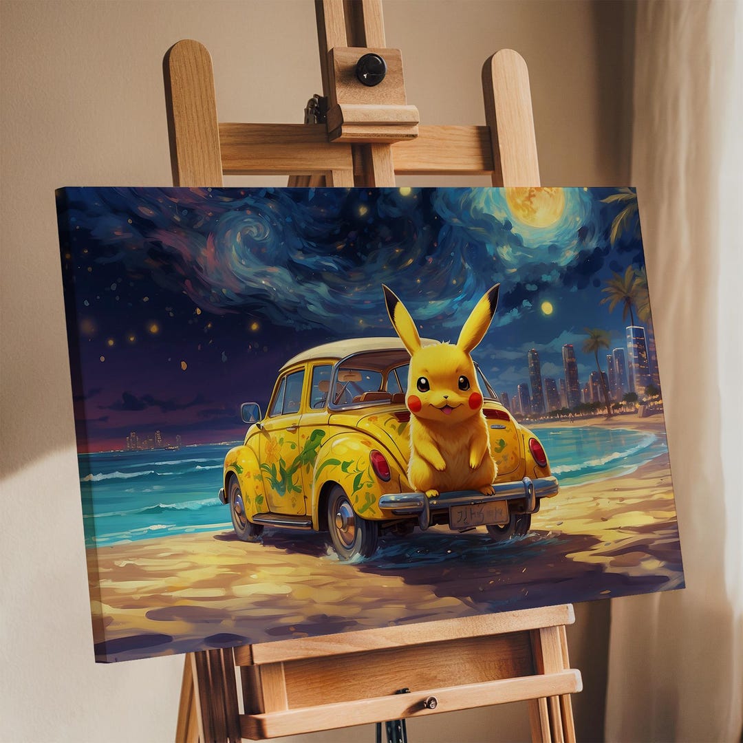 Pikachu Beach Night Canvas Art Pikachu With Yellow Car Under Starry Sky ...
