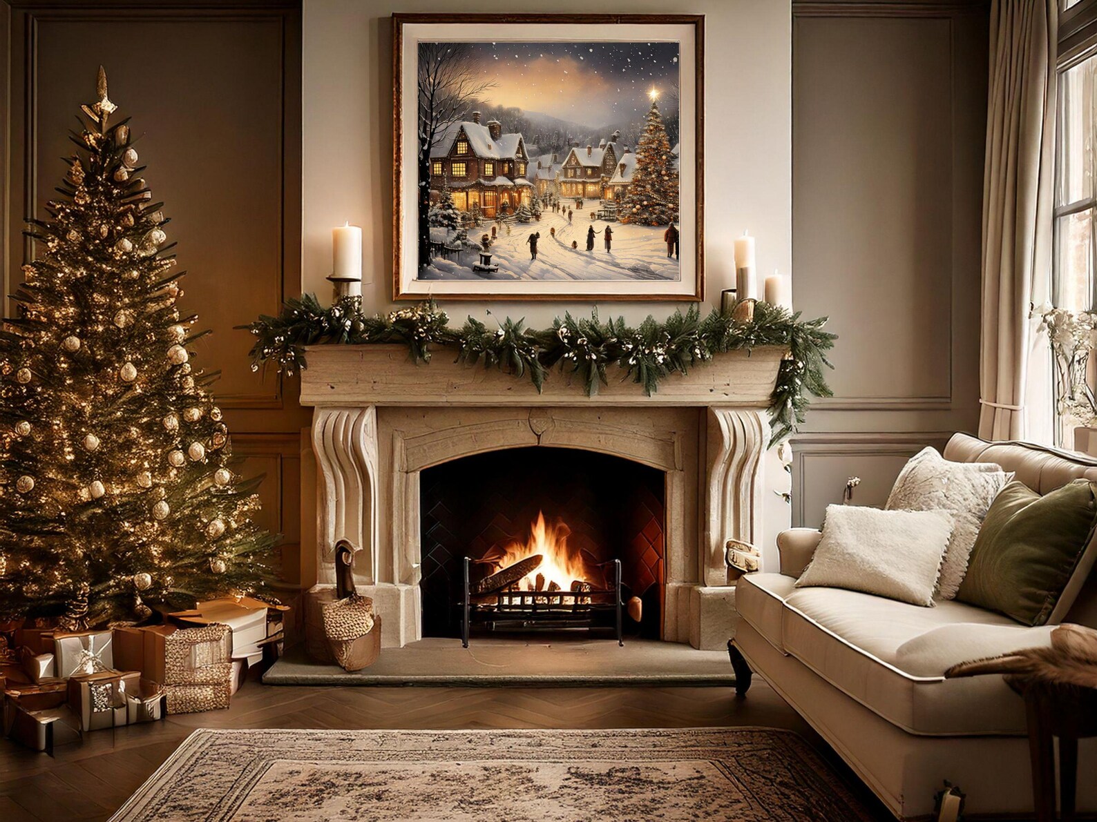 Vintage Christmas Village Digital Wall Art, Cozy Snowy Scene, Holiday ...