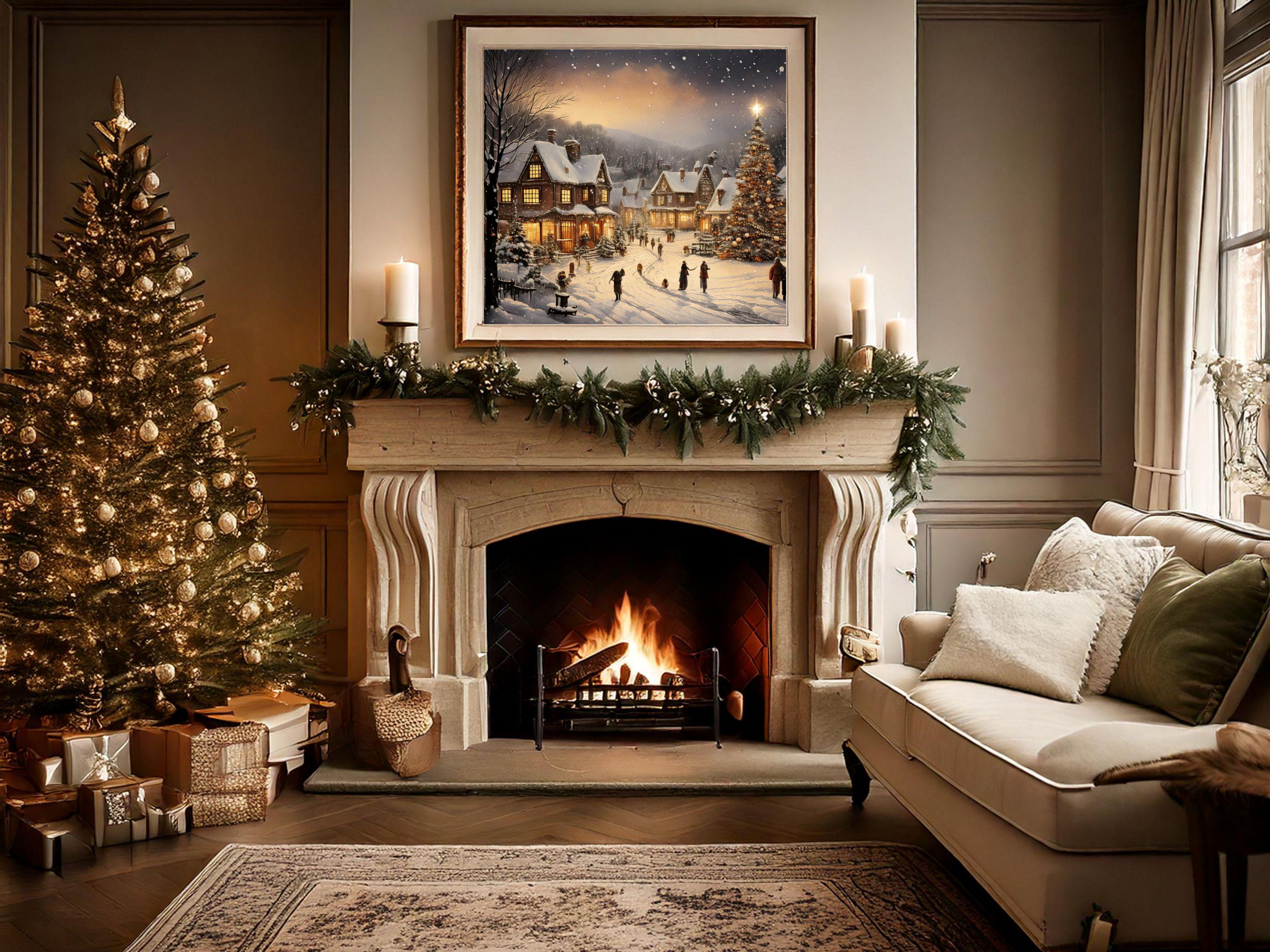 Vintage Christmas Village Digital Wall Art, Cozy Snowy Scene, Holiday ...