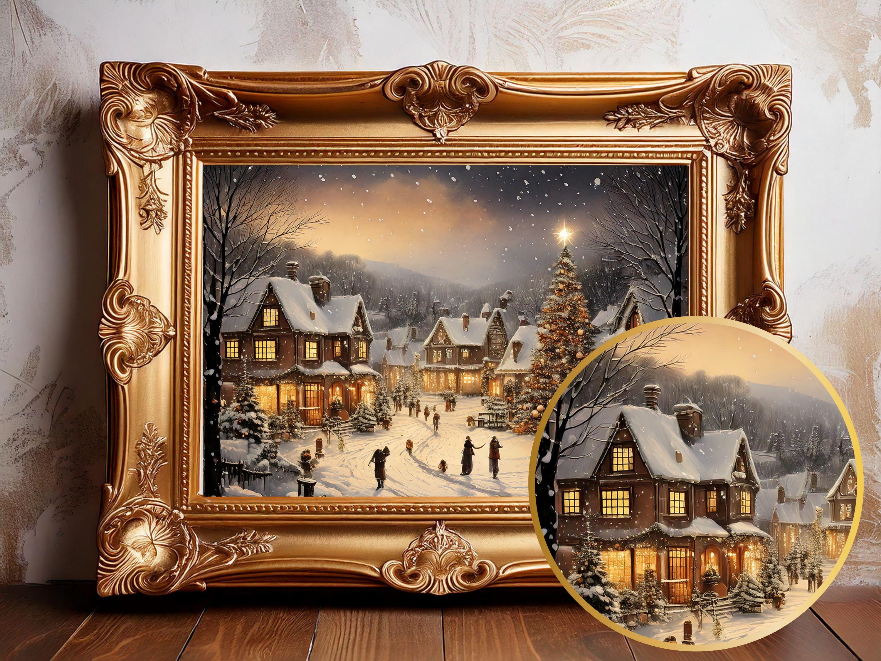 Vintage Christmas Village Digital Wall Art, Cozy Snowy Scene, Holiday ...