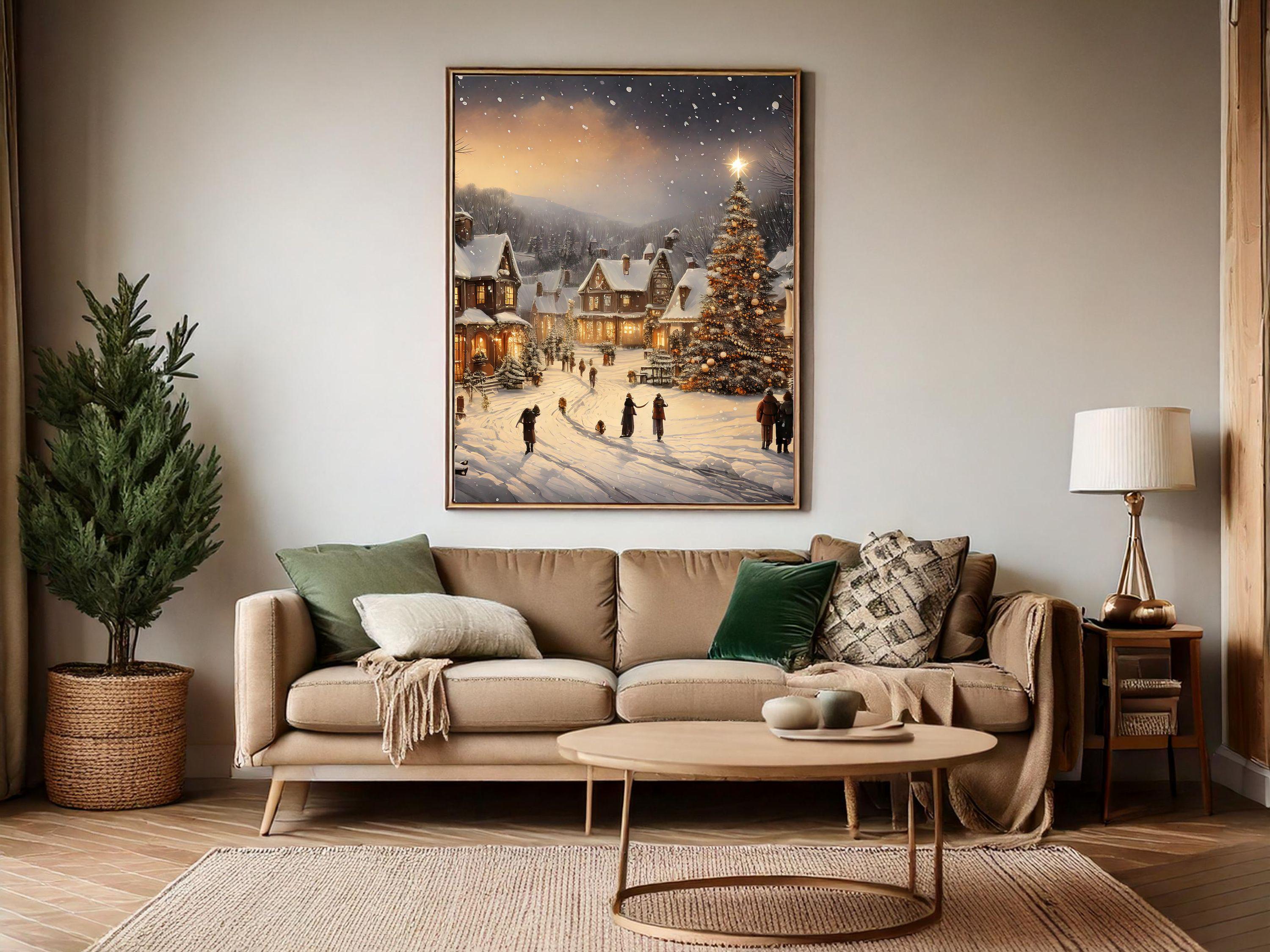 Vintage Christmas Village Digital Wall Art, Cozy Snowy Scene, Holiday ...
