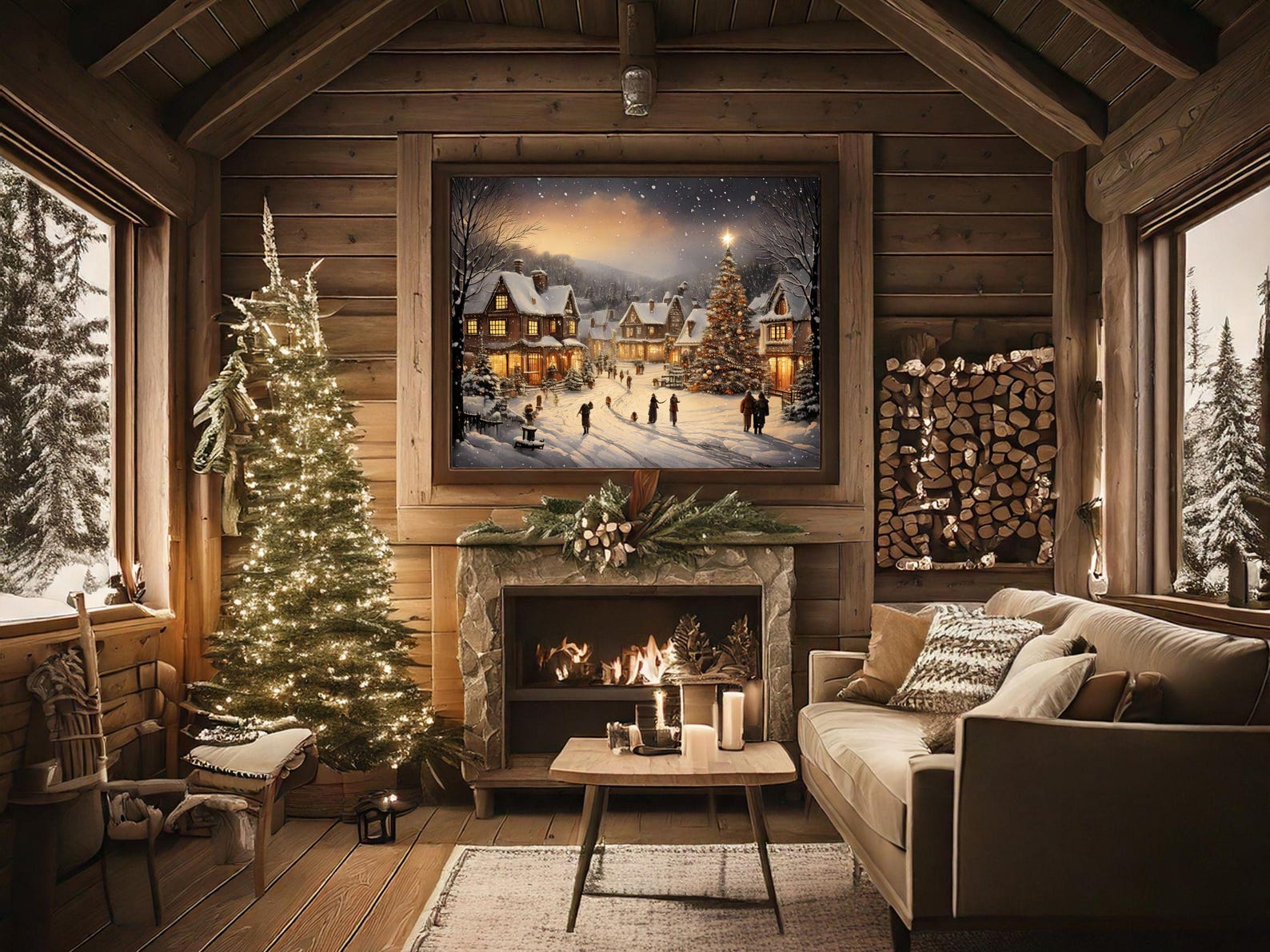 Vintage Christmas Village Digital Wall Art, Cozy Snowy Scene, Holiday ...