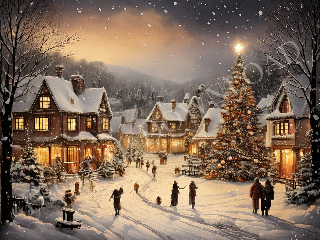Vintage Christmas Village Digital Wall Art, Cozy Snowy Scene, Holiday ...