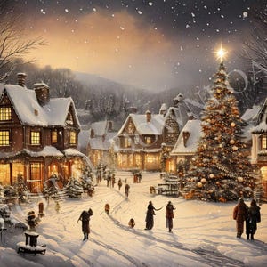 Vintage Christmas Village Digital Wall Art, Cozy Snowy Scene, Holiday ...