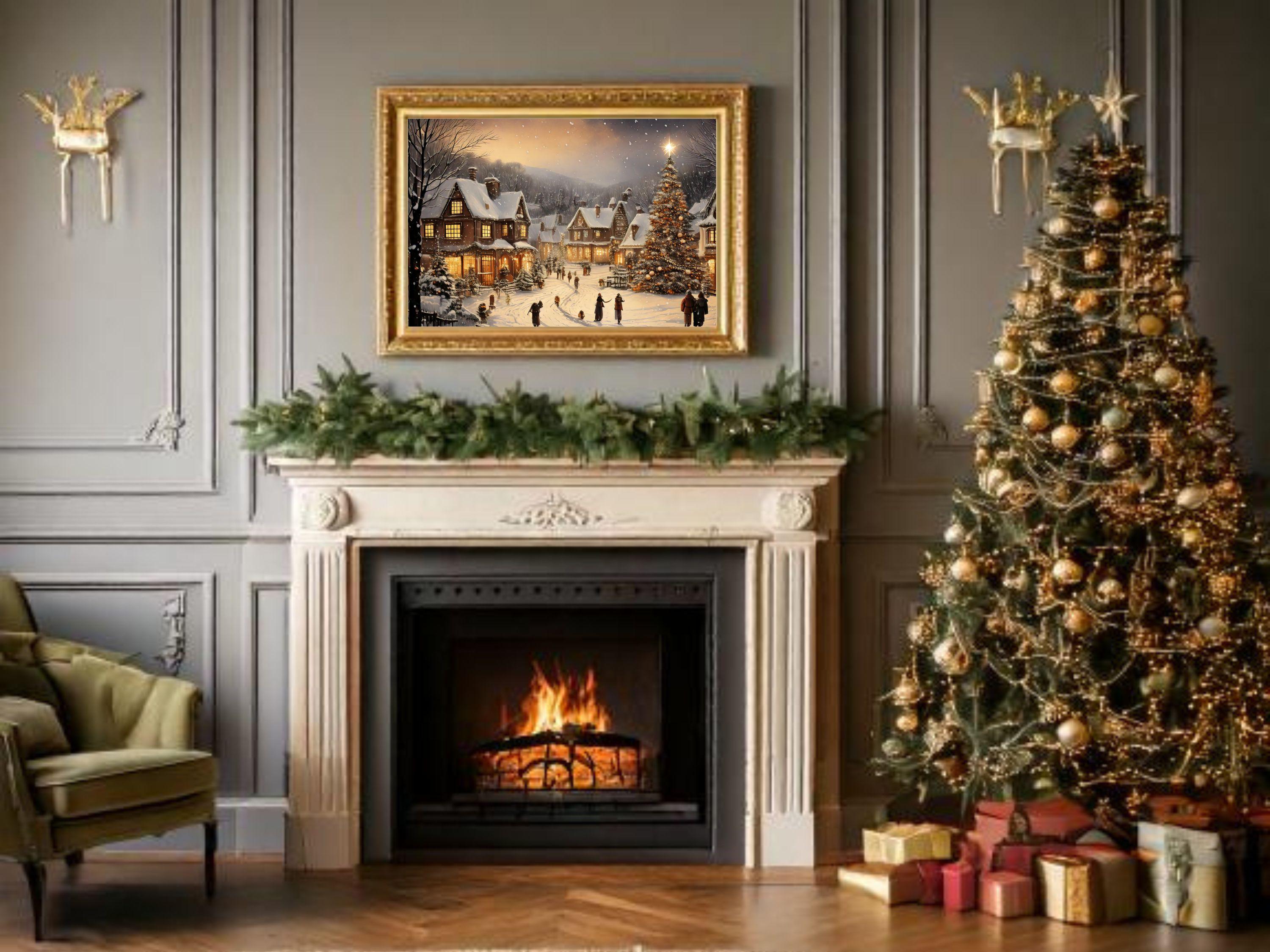 Vintage Christmas Village Digital Wall Art, Cozy Snowy Scene, Holiday ...