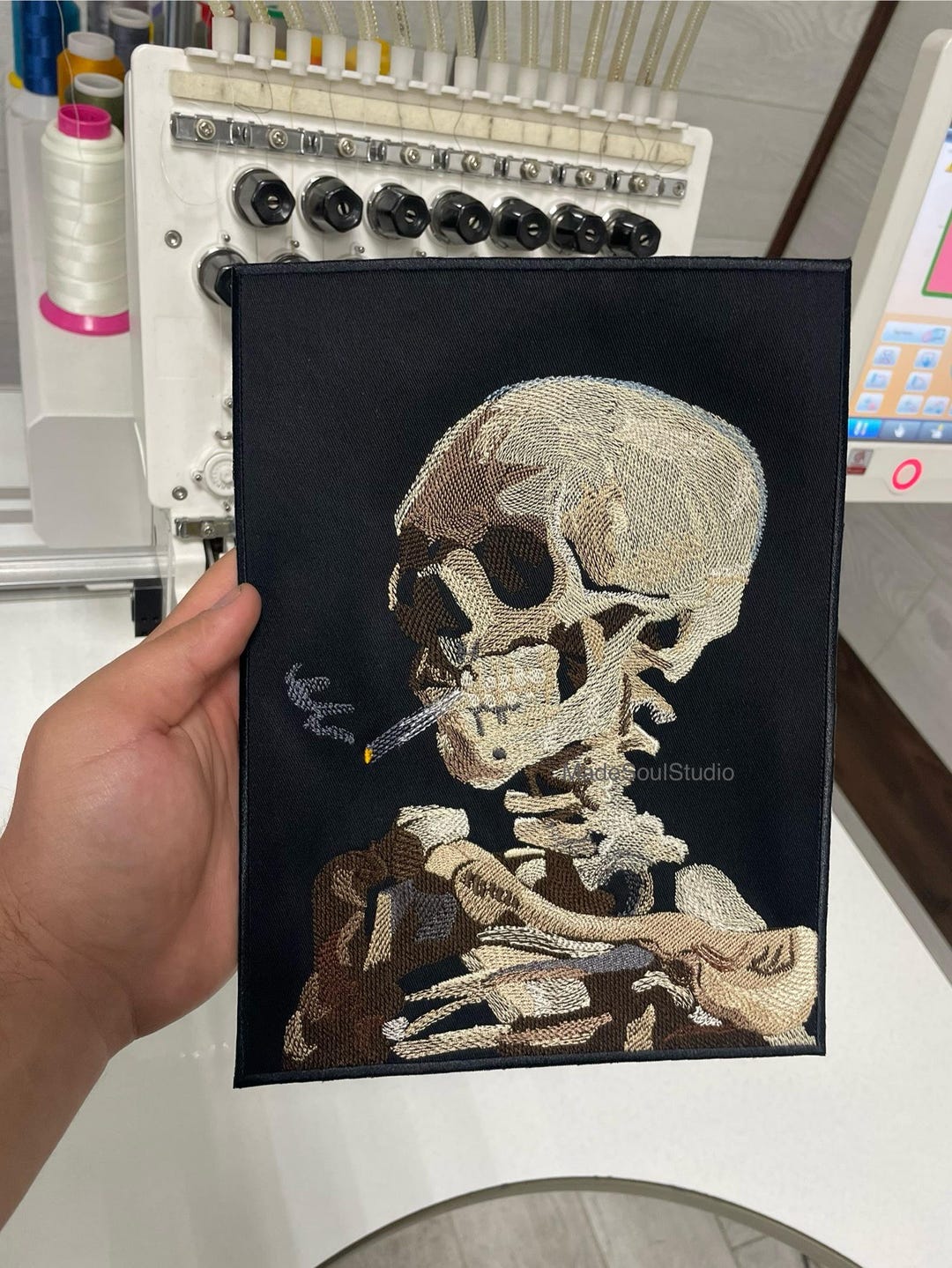 Embroidered Skull of a Skeleton With Burning Cigarette Patch Large Iron ...