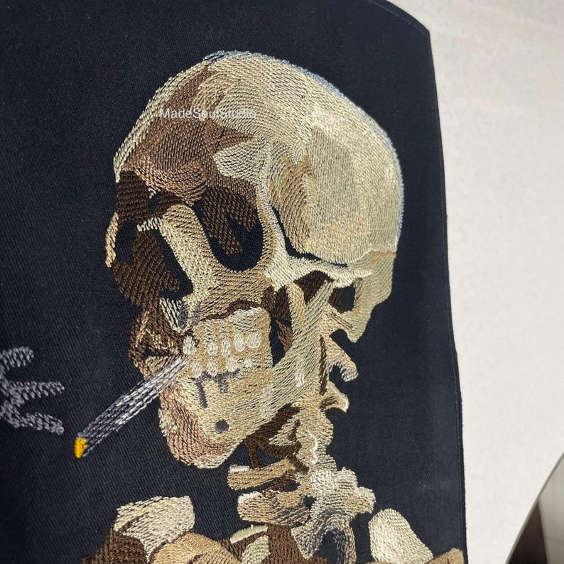 Embroidered Skull of a Skeleton With Burning Cigarette Patch Large Iron ...