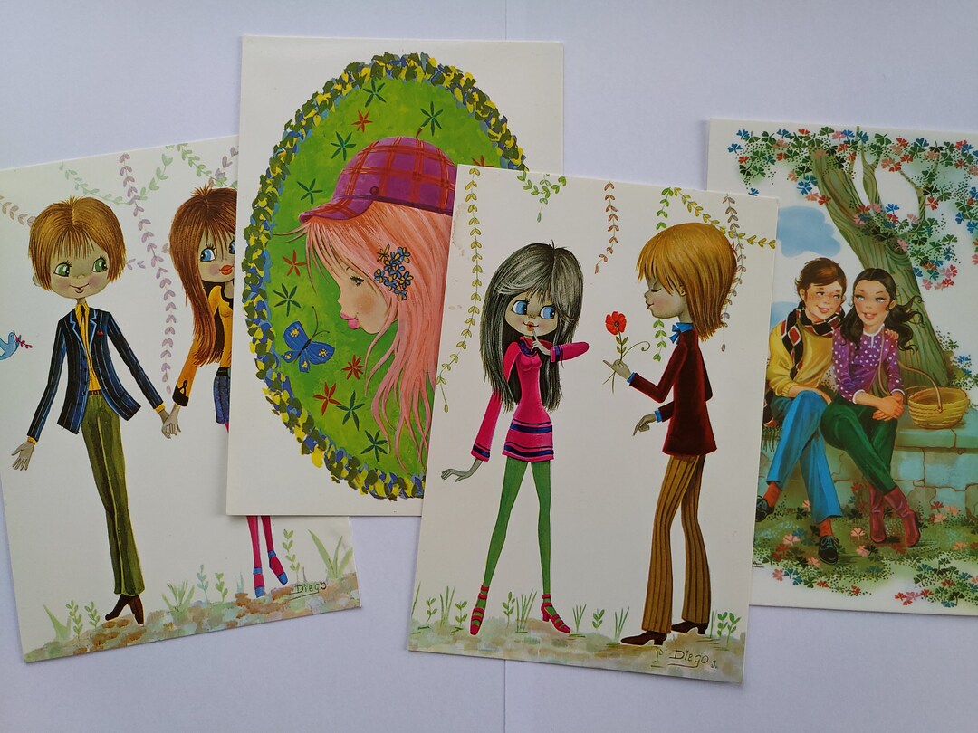 Set of 4 Vintage BIG EYE Postcards / UNUSED 70s Cards / Retro Kitsch ...