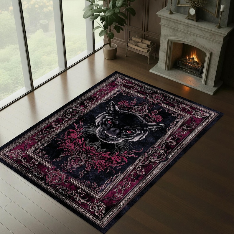 Black Panther Gothic Rug With Ornamental Floral Border, Dark Animal Art ...
