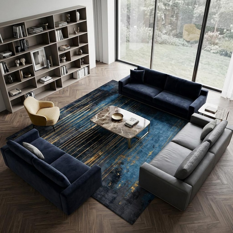 Blue and Gold Abstract Rug, Modern Navy Area Carpet, Contemporary ...