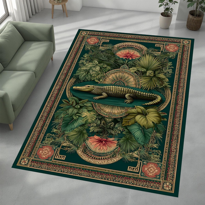 Crocodile Tropical Jungle Rug Exotic Botanical Style Living Room Carpet ...