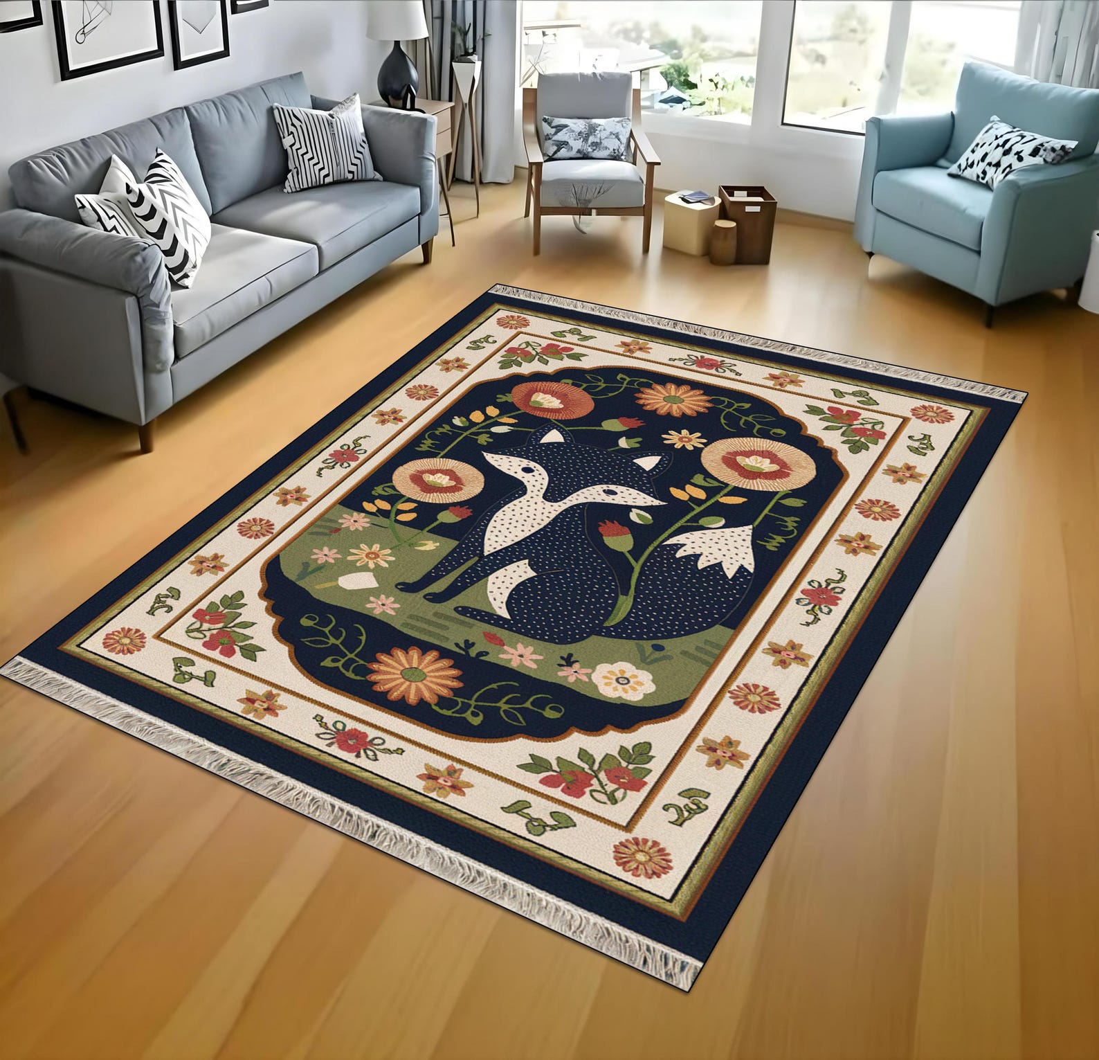 Animal Theme Rug, Cute Fox Rug, Flower Rug, Cute Decor, for Living Room ...