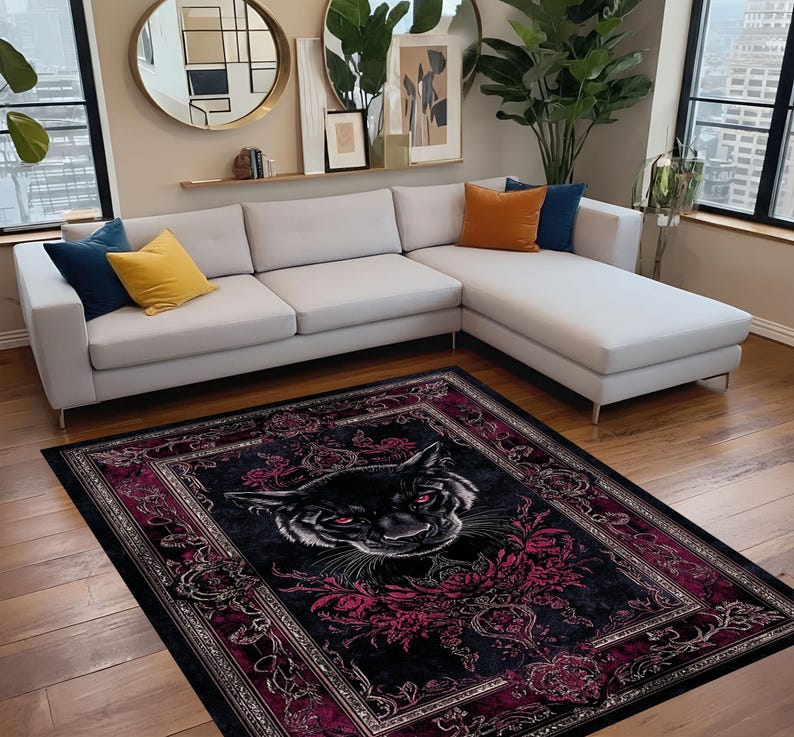 Black Panther Gothic Rug With Ornamental Floral Border, Dark Animal Art ...