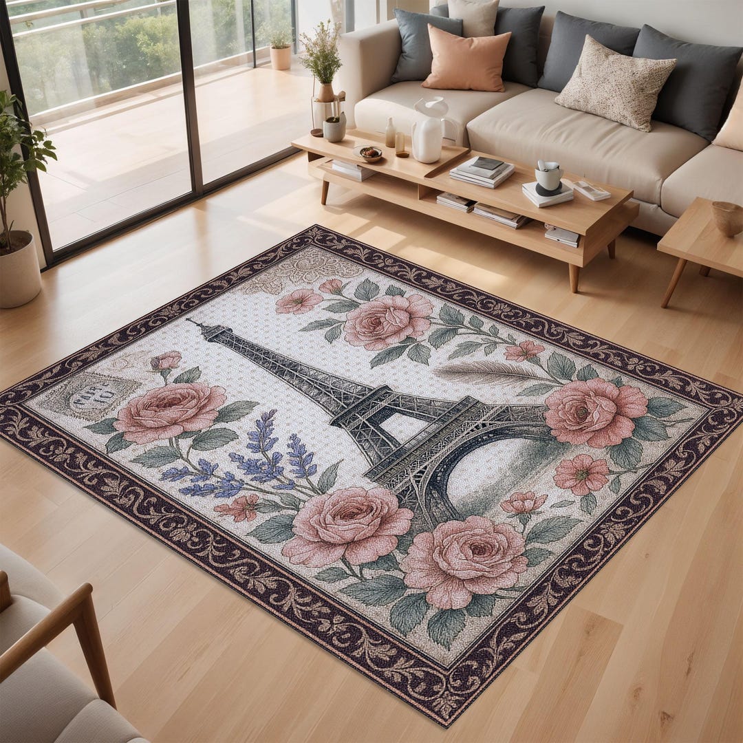 Paris Rug, Eiffel Tower Mat, Shabby Chic Carpet, Romantic Floral Rug ...