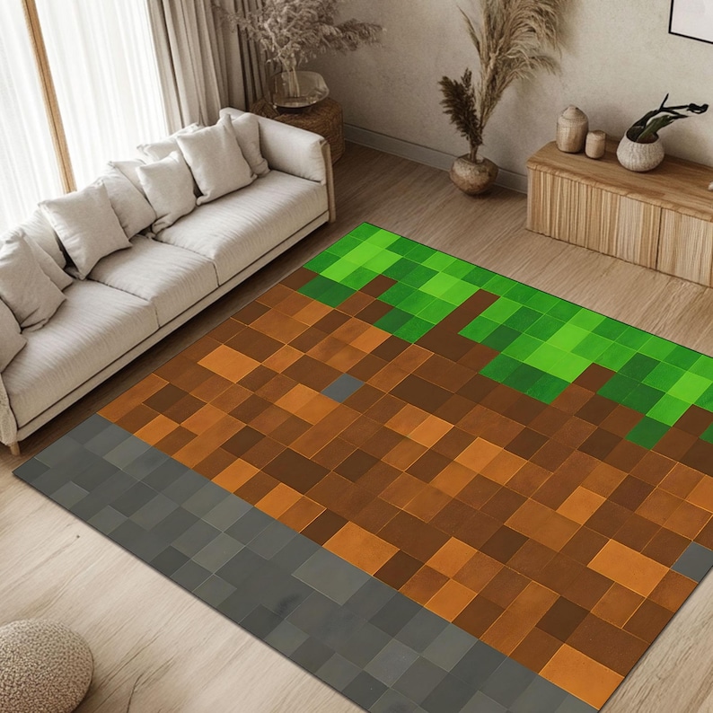 Pixelated Terrain Digital Rug | Green and Brown Grid Carpet Inspired by ...