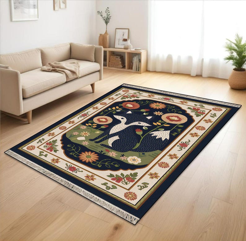 Animal Theme Rug, Cute Fox Rug, Flower Rug, Cute Decor, for Living Room ...